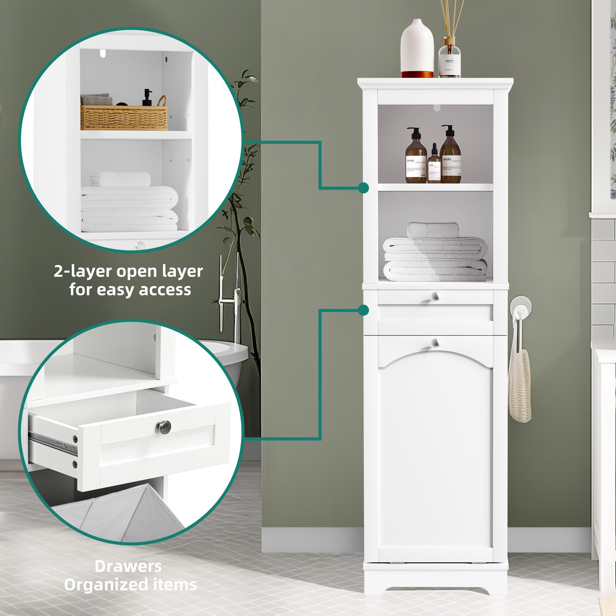 YITAHOME 53" Tall Tilt Out Laundry Hamper Cabinet Hidden Laundry Hamper with Storage Laundry Basket Cabinet with Drawer Bathroom Storage Cabinet Shelf with a Clothes Basket, White