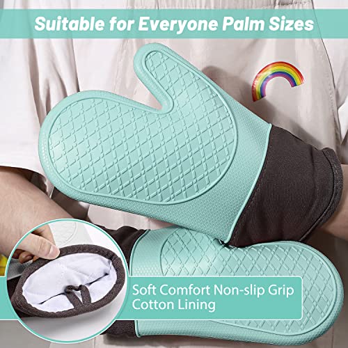 MKLINSIYU Silicone Kitchen Oven Mitts,Heat Resistant 500 Degrees,Oven Mitts Set,Waterproof Flexible Glove and Quilted Liner for Oven Cooking, Grill & BBQ (Mint Green), 12 x 5.7 x 0.75 inches