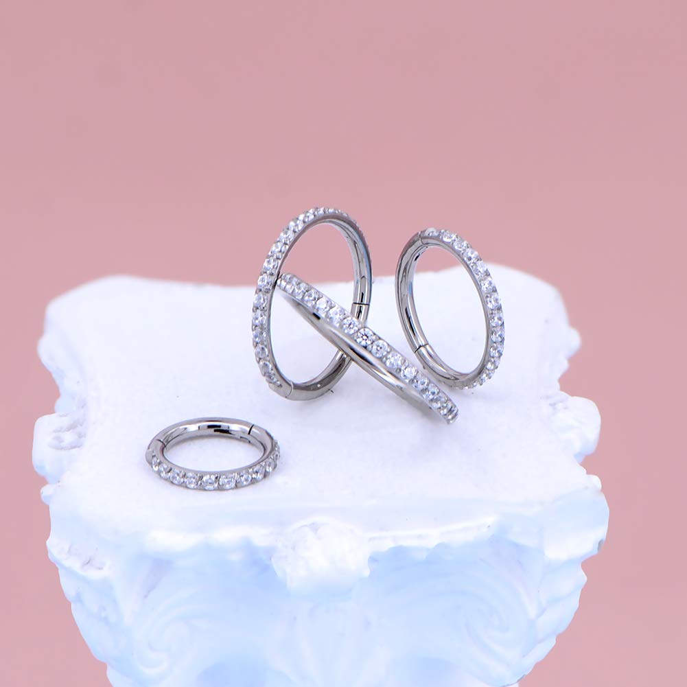 OUFER 20G Titanium Nose Rings Hoops, Solid G23 Titanium Nose Piercings, with Clear CZ Paved Conch Earrings, Daith Helix Piercing Jewelry for Women and Men-Silver 20G 10MM