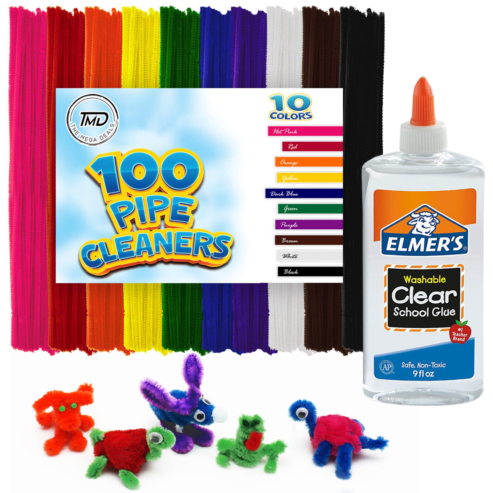 Pipe Cleaners - 100 Pc. Pipe Cleaner Assorted Colors 6" Chenille Stems with Clear Glue, Pipe Cleaners Craft, Fuzzy Sticks and Glue Clear Great Craft Supplies DIY Art & Craft Projects