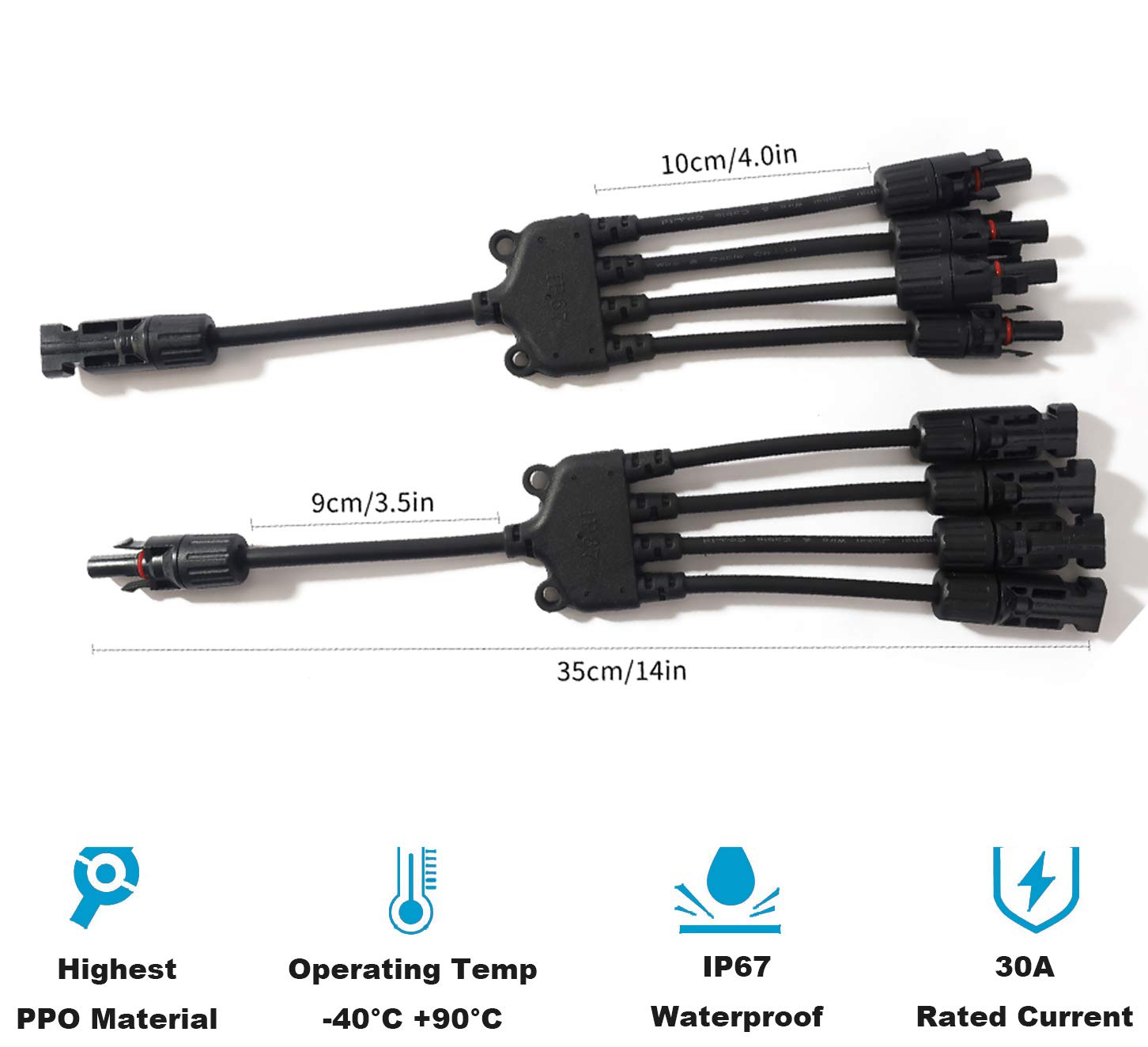 JHBOX Solar Panel Connector Y Branch Solar Connector 1 to 4, 10 AWG Solar Cable and Connectors for Solar Combiner Box (1 Pair 1Y4)
