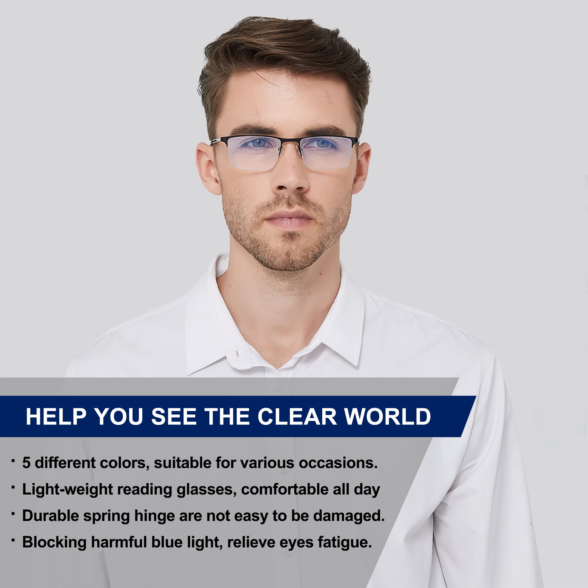 Reading Glasses for Men, Blue Light Blocking Readers, Half Frame Metal Readers Spring Hinge 5-Pack +1.0