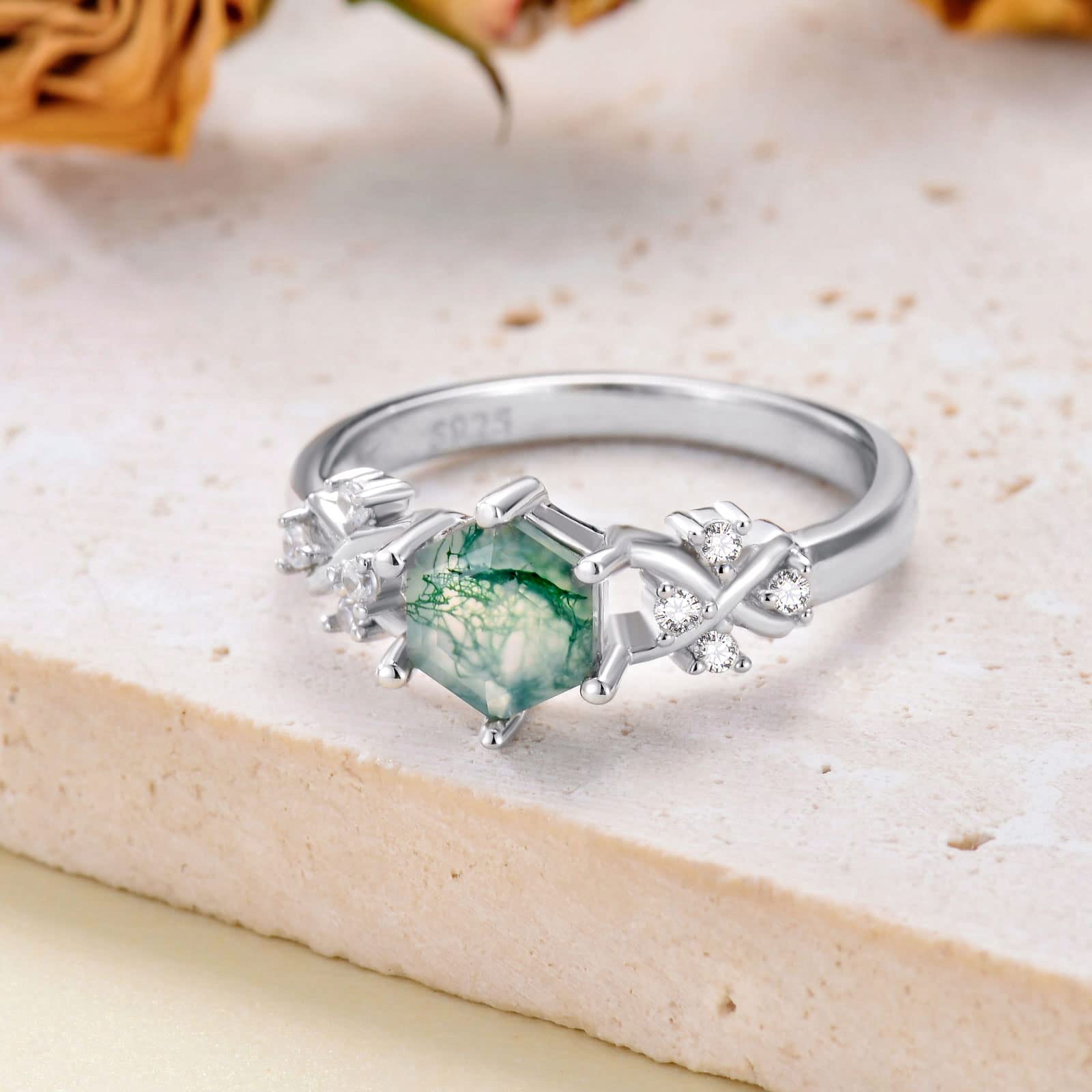 PLATYCO 1Ct Moss Agate Ring 925 Sterling Silver Natural Agate Engagement Ring Hexagon Shaped Green Agate Promise Rings Gift for Women (Size 7)