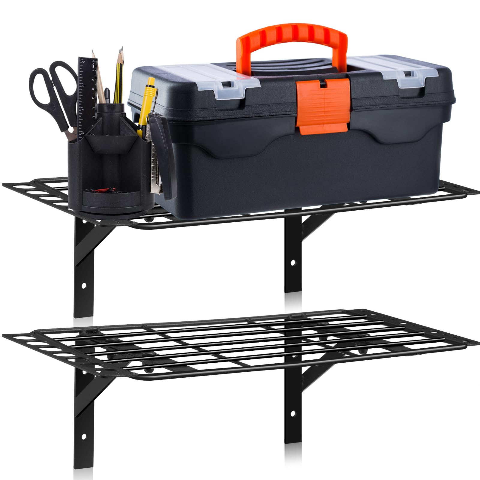 Threehoney 2 Pack Garage Shelves Wall Mounted Heavy Duty Garage Shelving Tool Organizer for Home Garden Shop Shed Garage Organization and Storage, Each 50lb Load Capacity, Black,15.8" x 7.9"