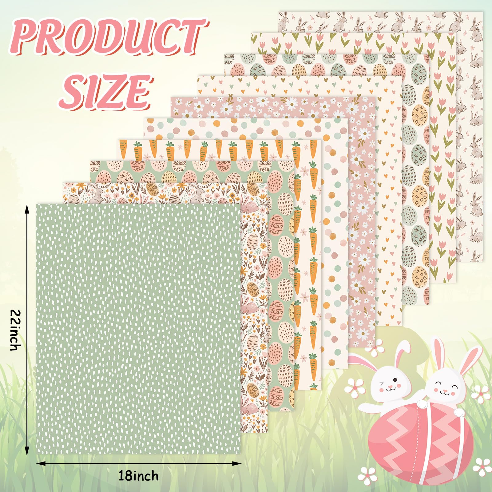 Whaline 10Pcs Easter Cotton Fabric Bundles Easter Bunny Egg Carrot Flower Fat Quarters Pastel Easter Spring Quilting Patchwork for DIY Handmade Craft Party Decor, 18 x 22 Inch