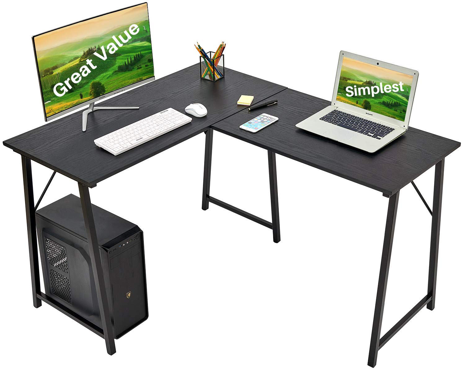 L Shaped Desk Gaming Computer Desk 50.4'' Home Office Corner Desk ps5 Kids Writing Desk for Small Space Modern Students Study PC Laptop Table Large Wood Workstation Space-Saving for Bedroom, Black