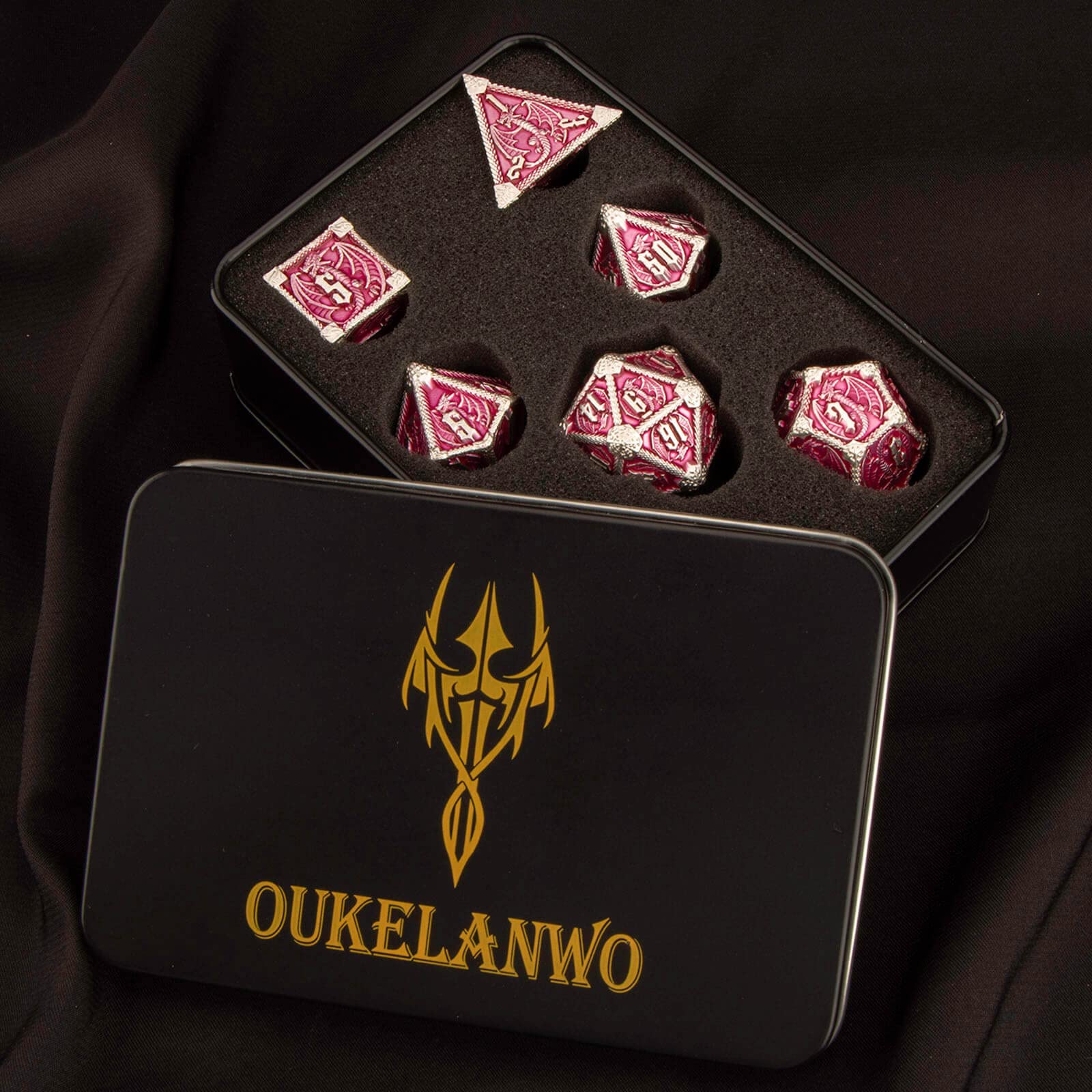 OUKELANWO Metal Dice Set D&D, Pink Dungeons and Dragons Dice with Gift Box, 7 Piece Polyhedral Role Playing Dice, RPG D and D Dice D20 D12 D10 D8 D6 D4