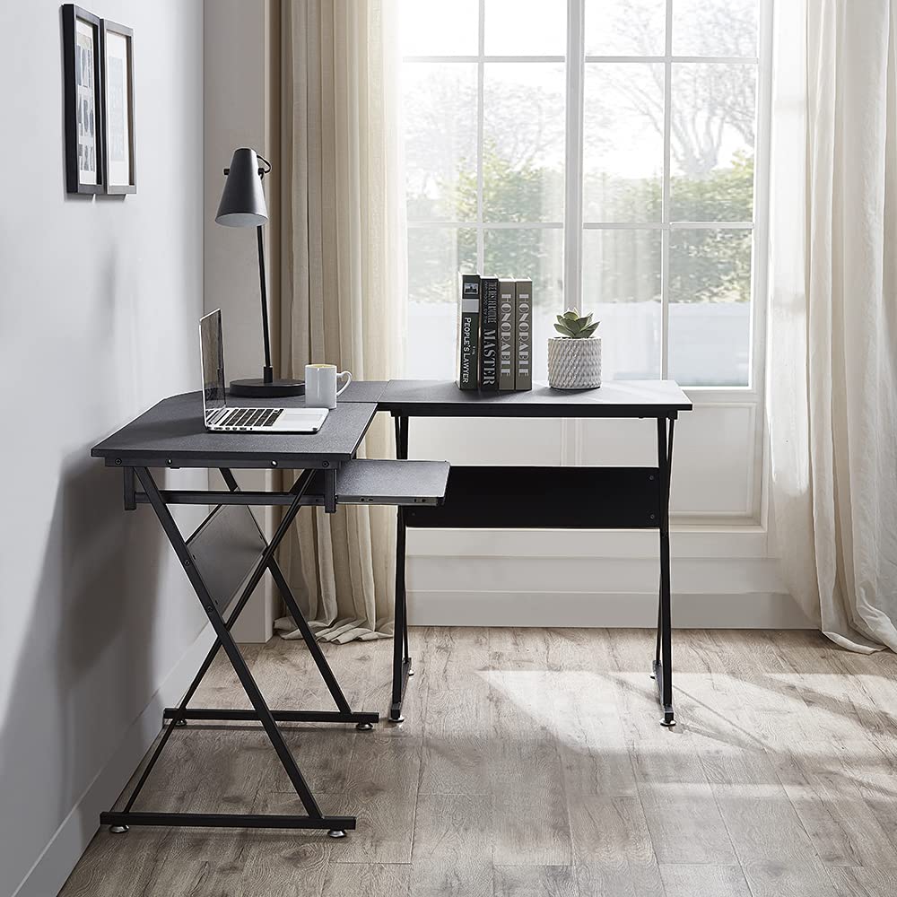L Shaped Desk with Keyboard Tray Reversible Gaming Desk Corner Computer Desk for Home Office, Black Wood & Steel Frame Writing Study PC Workstation Table for Small Space