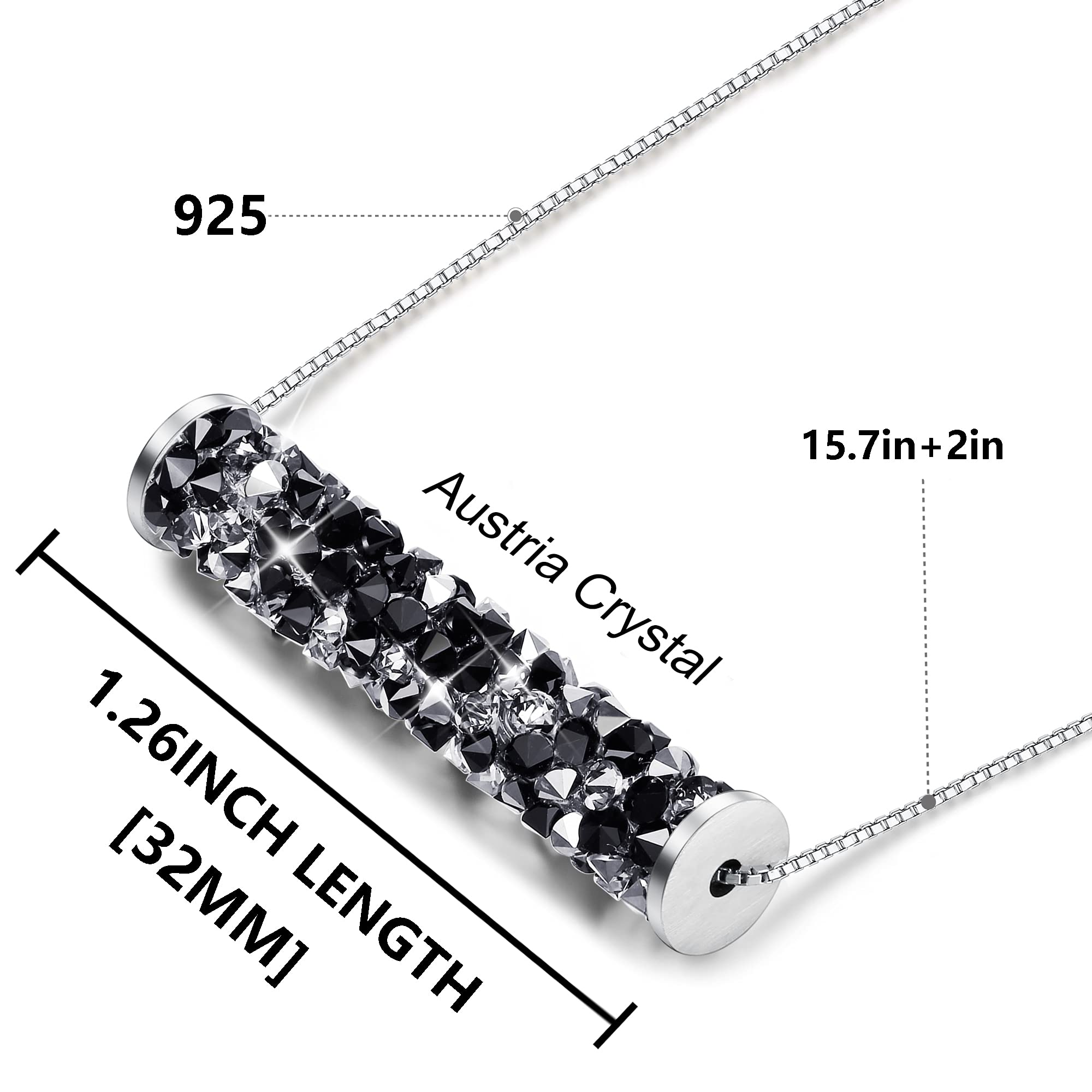 KesaPlan Cylinder Crystals Necklace for Women Bar Pendant Necklace with Sterling Silver Box Chain, Crystals from Austria, Gift for Christmas Black Crystal