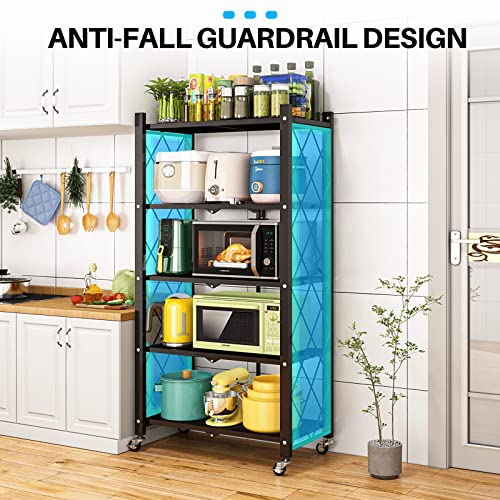 YKLSLH 5-Tier Collapsible Shelves Heavy Duty Folding Shelves Storage Rack with Wheels Portable Storage Shelving Unit for Garage Kitchen Holds up to 1250 lbs Capacity, Black