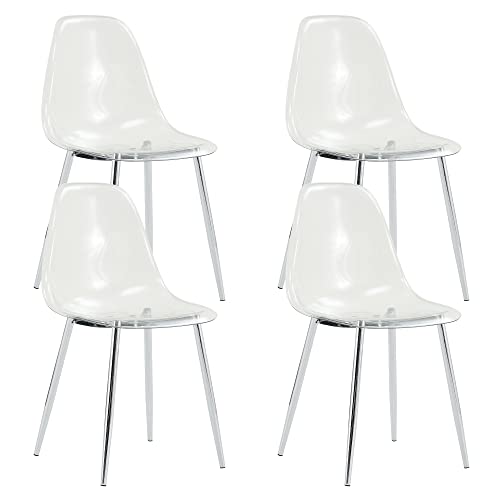 SSLine Modern Acrylic Dining Chairs Set of 4 Chic Elegant Dinner Chair with Silver Metal Base Comfortable Clear Plastic Shell Accent Side Chairs for Kitchen Dining Room Living Room Restaurant