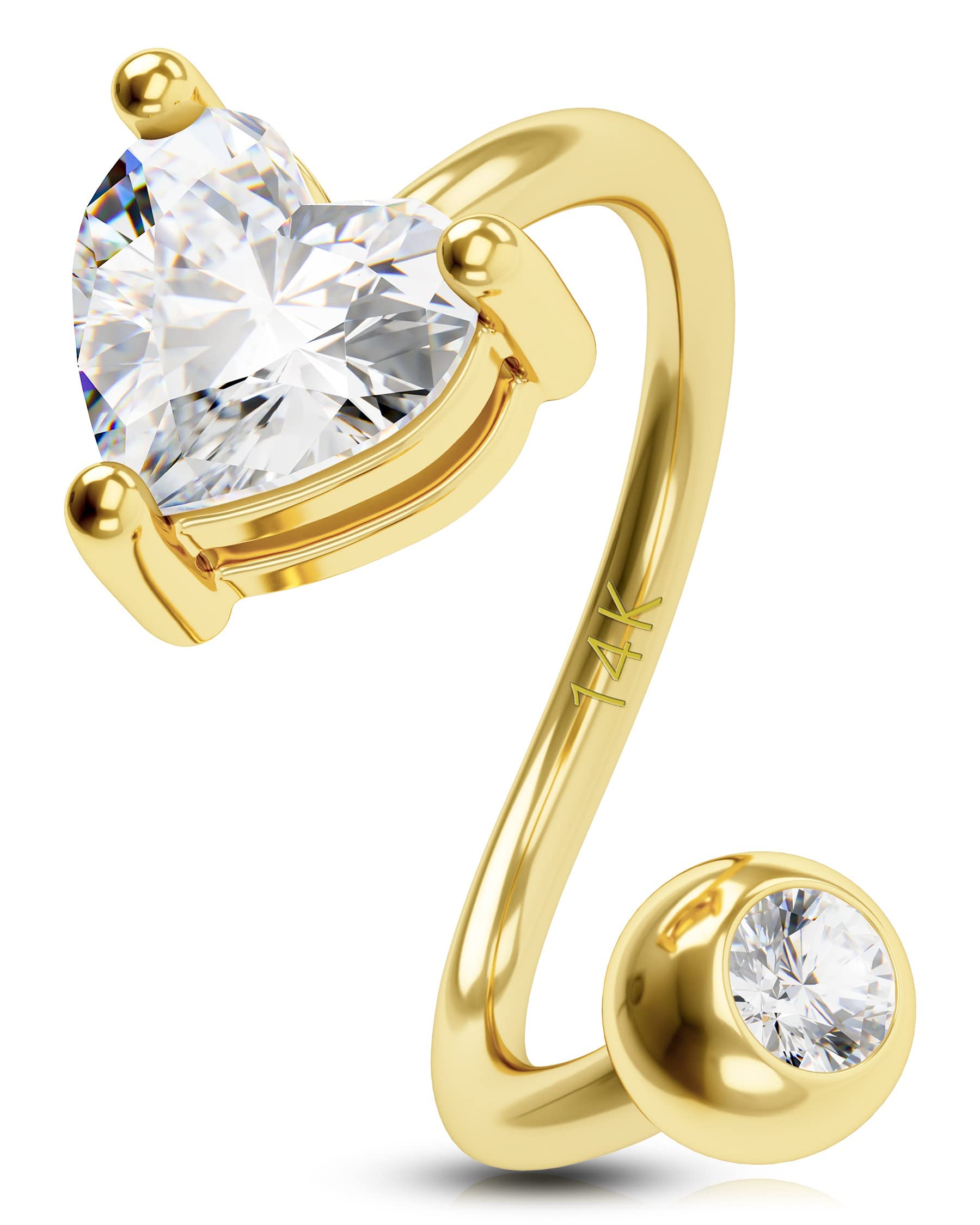 OUFER 16G Twist Helix Earring, 14K Solid Gold Heart Shaped Clear CZ Twist Lip Ring, Labret Conch Rook Upper Lobe Piercing Jewelry For Women And Men