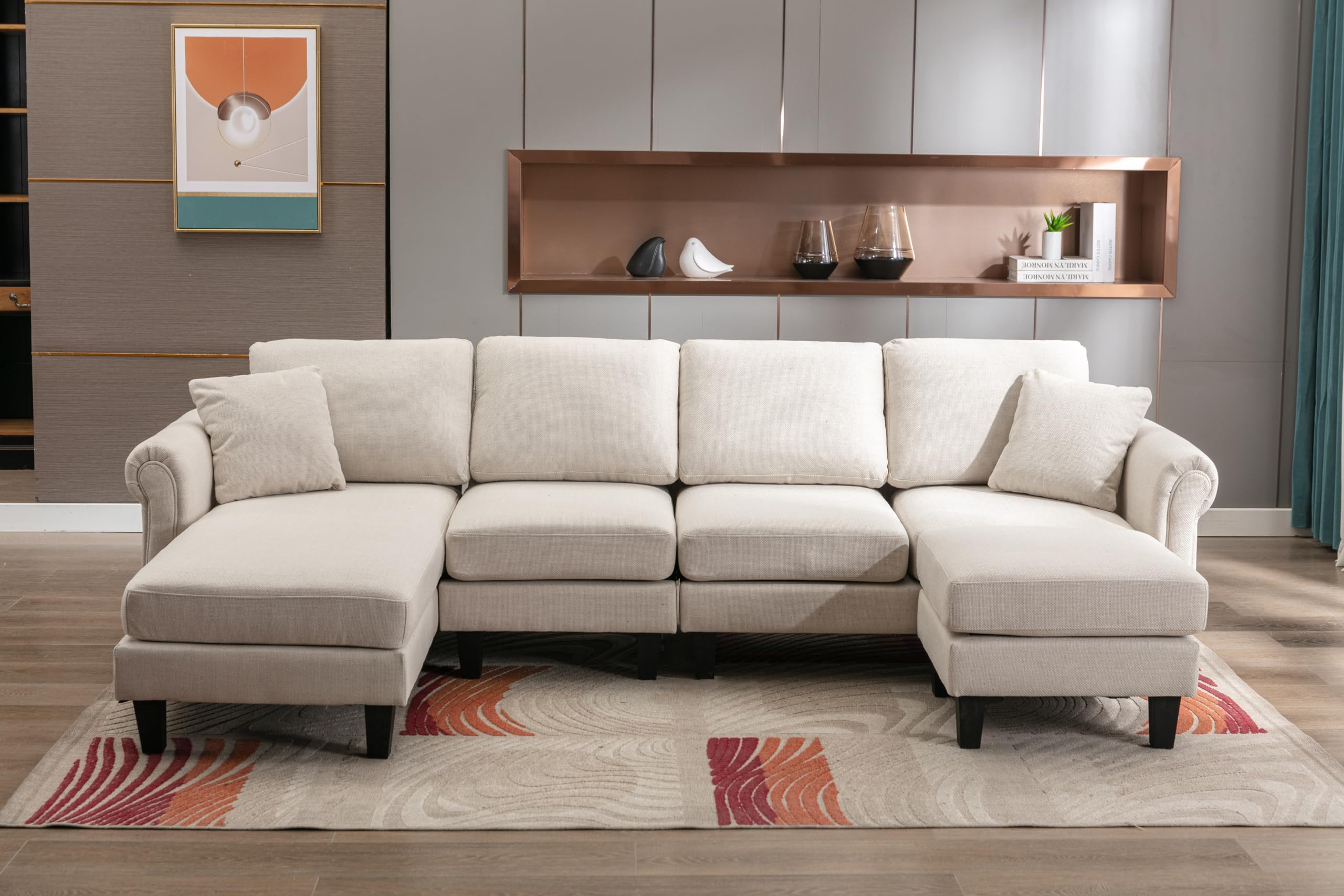 STLVUEO Modern Sectional Sofa, Living Room Combo Sofas Couch, L-Shaped Couches Chaise Lounge Sofa with Ottoman Set, Plastic Feet, for Living Room, Office, Studio, Condo, Beige