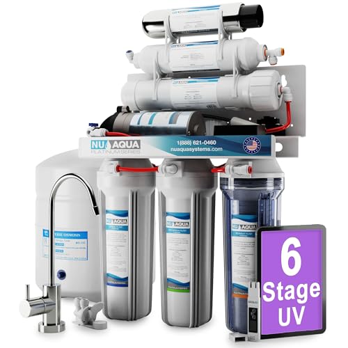 NU Aqua 6-Stage UV Under Sink Reverse Osmosis Water Filter System - Booster Pump - 100 GPD RO Filtration w/Faucet & Tank - UV - 100GPD Undersink - Home & Kitchen Drinking Purifier