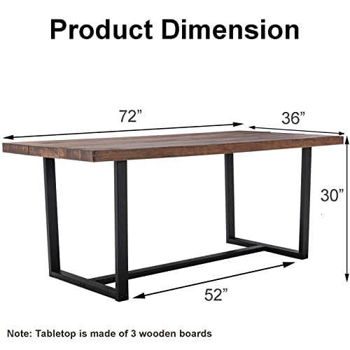 SOSPIRO 72 inch Wood Dining Table for 6 to 8, Industrial Rustic Rectangular Farmhouse Table with Steel Legs Metal Frame For Kitchen, Dining Room, Home Furniture, Brown