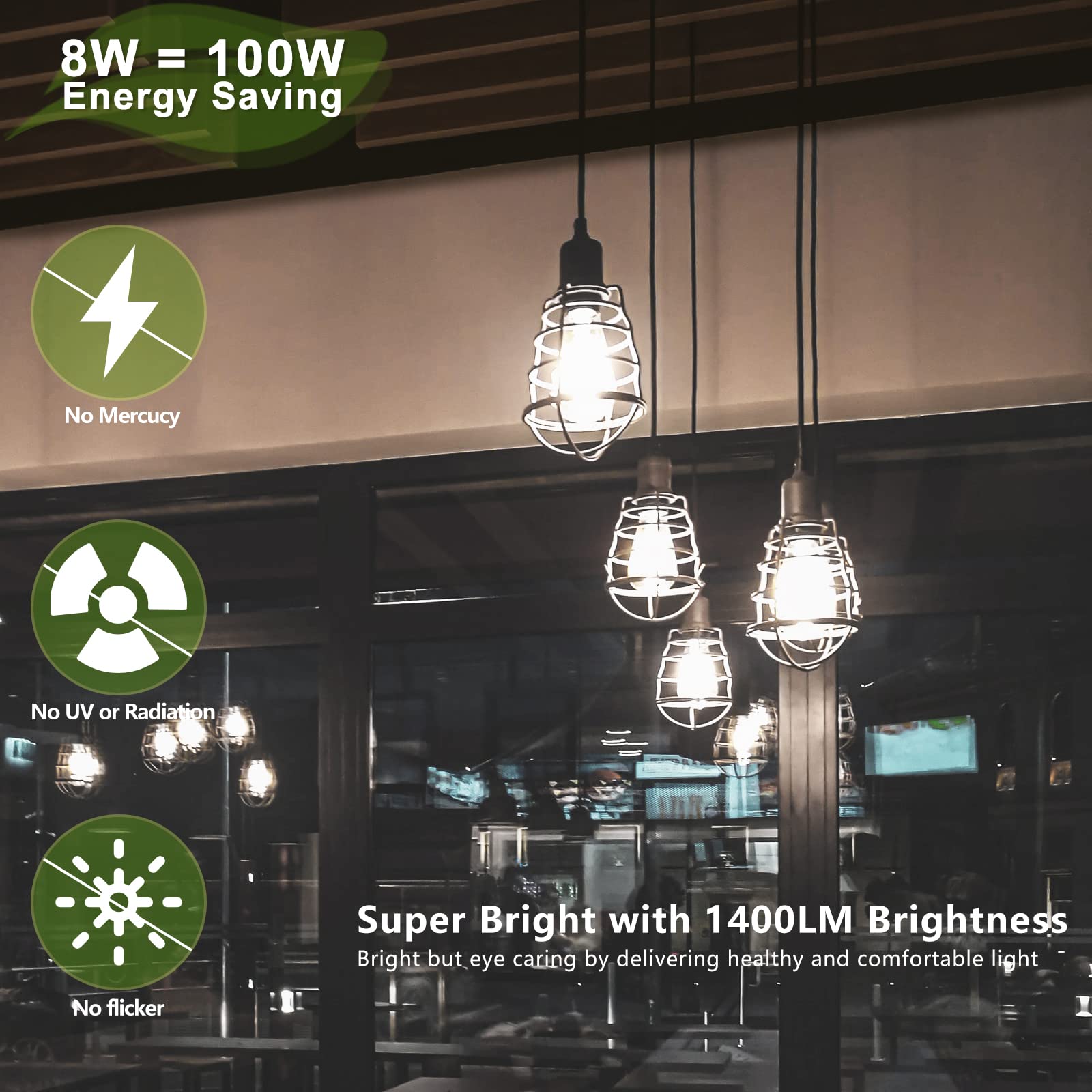 KOOHORO LED Light Bulbs 100 Watt Equivalent, 8W E26 LED Bulb1400Lumens High Brightness Dimmable Vintage LED Bulbs Daylight White 5000K, CRI90+ Antique Chandelier Edison Bulbs, 4 Pack