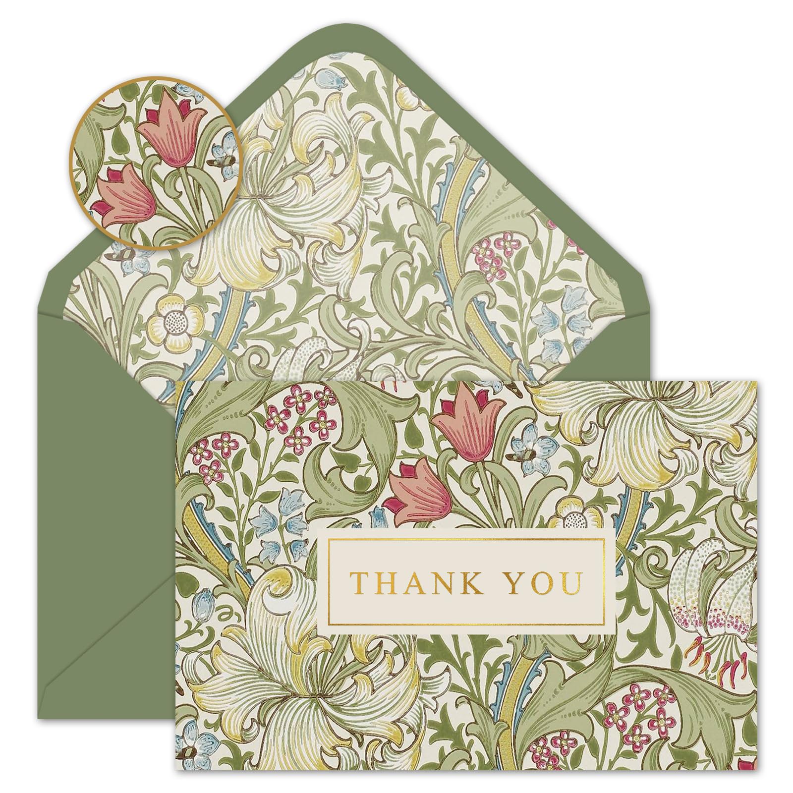Whaline 24 Pack Plants Floral Gold Foil Thank You Cards Bulk Green Flower Greeting Cards with Envelope Sticker Vintage Blank Note Cards for Birthday Baby Shower Party Supplies, 4 x 6 Inch