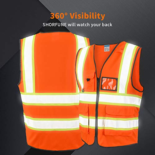 SHORFUNE High Visibility Safety Vest with Pockets, Mic Tab, Reflective Strips and Zipper, ANSI/ISEA Standards,Oange,M