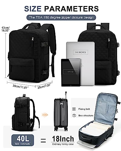 Travel Carry On Backpack for Women, Waterproof Laptop Backpack for Traveling on Airplane Hiking Gym Backpack with USB Charging Port Shoe Compartment, Black