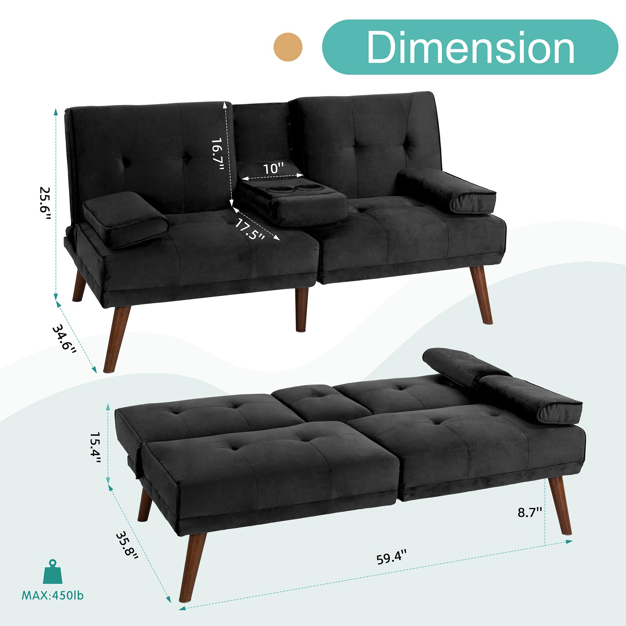 SUNLEI 60" Small Loveseat, 3 in 1 Cute Convertible Sofa Bed, Modern Futon Recliner Sleeper w/2 Cup Holder, Upholstered Folding Couch for Small Space, Beige