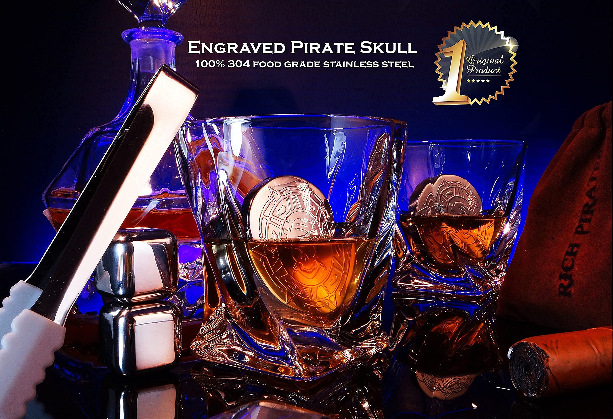 New Pirate Themed Silver Whiskey Decanter and Coin Set, Stainless Steel Whiskey Chilling Stones | 6pc Set with Chest | Whiskey Gift for Men, Dad, Husband, Boyfriend