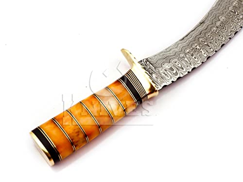 NoonKnives:16" totally custom Hand Made Damascus Steel Collectible kukri Knife Handle colour Camel Bone (orange)