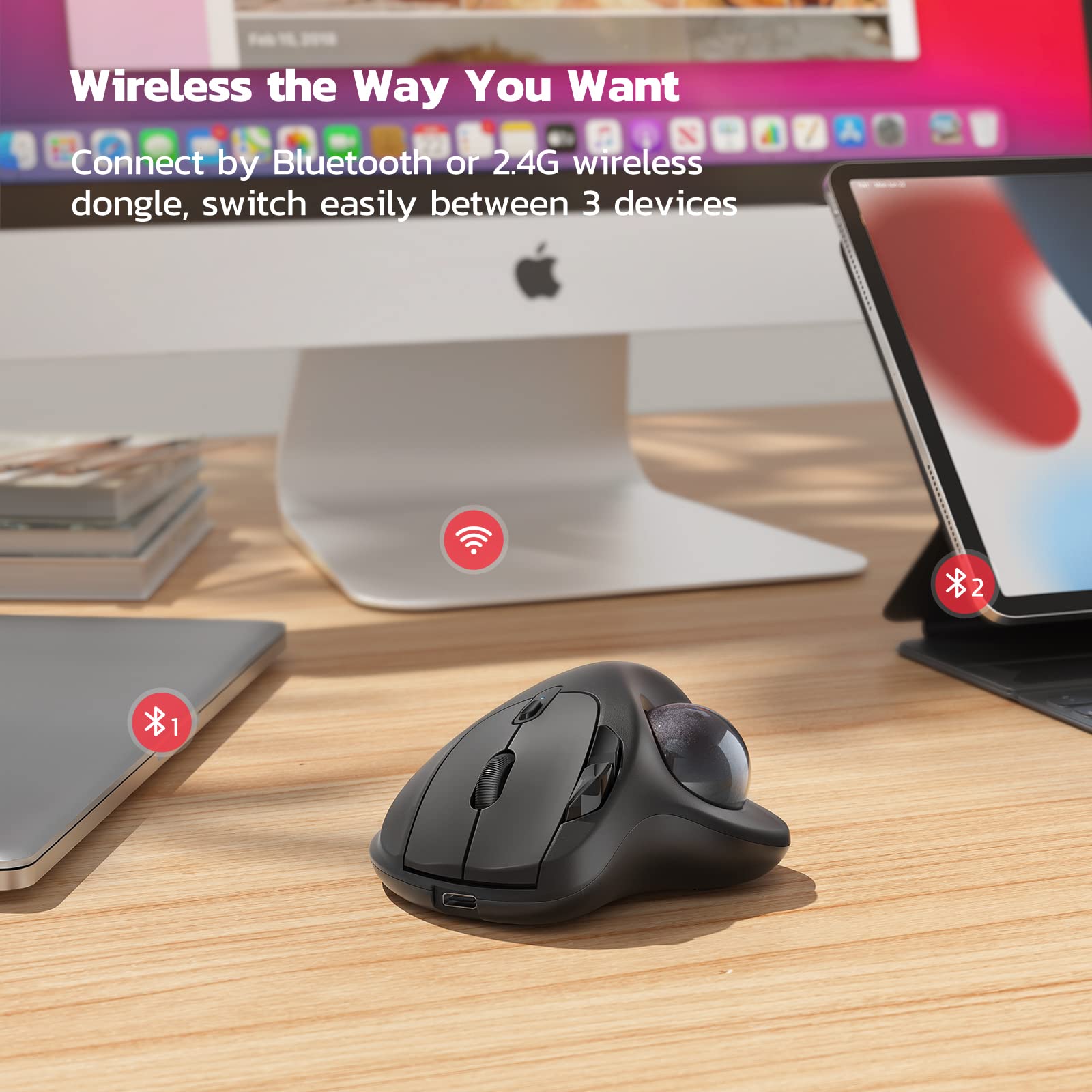 Nulea M501 Wireless Trackball Mouse, Rechargeable Ergonomic, Easy Thumb Control, Precise & Smooth Tracking, 3 Device Connection (Bluetooth or USB), Compatible for PC, Laptop, iPad, Mac, Windows