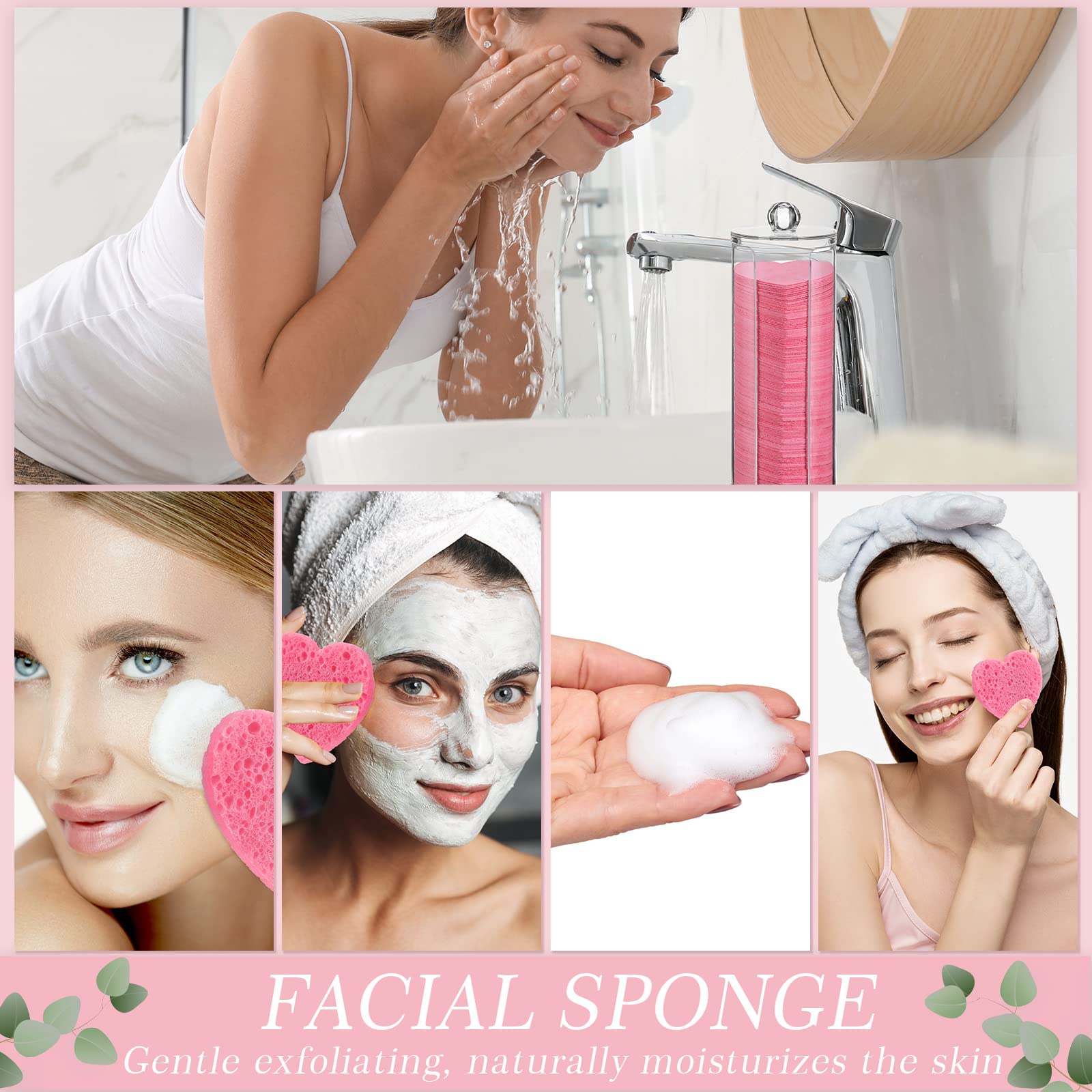 Sieral 120 Pcs Compressed Facial Sponges with Container Face Sponge Disposable Sponge Pads for Washing Face Cleansing Exfoliating Esthetician Makeup Removal(Pink, Heart)