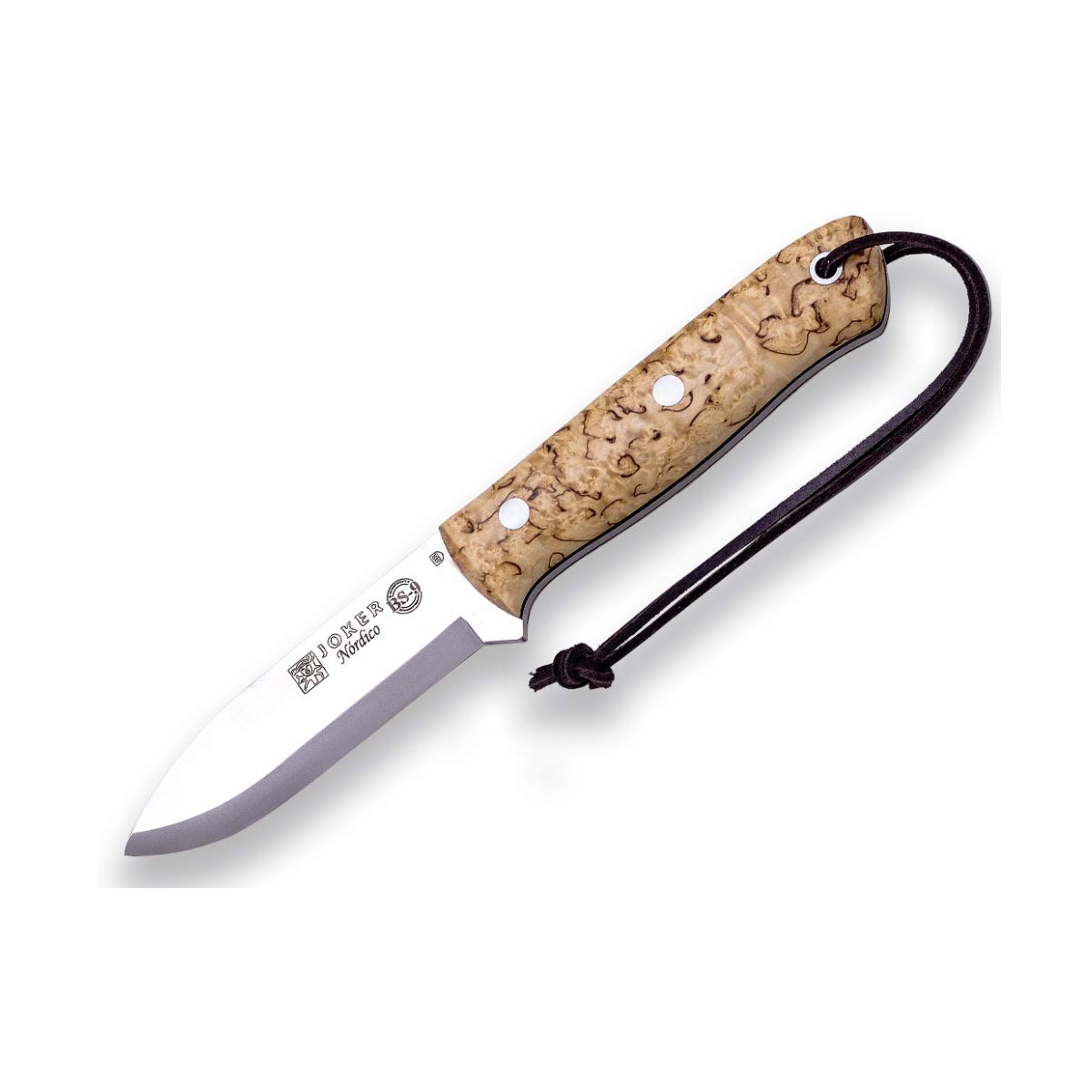 Joker Sports Hunting Knife Nordico CL119-P, Curly Birch Wood Handle and 3.94 inches Blade of Böhler K720 Carbon Steel, Brown Leather Sheath, Tool for Fishing, Hunting, Camping and Hiking