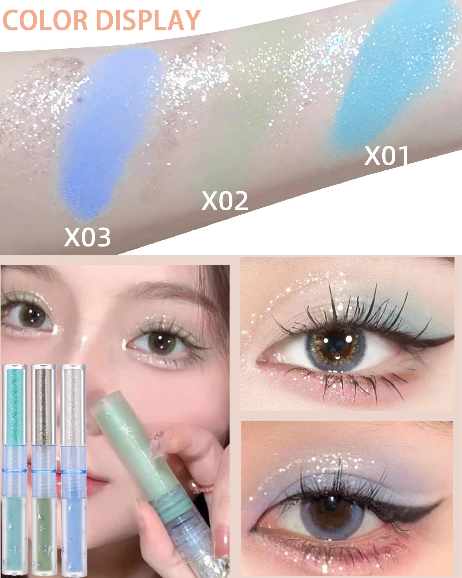 LYSdefeu 2 in 1 Long Lasting Glitter Liquid Matte Eye shadow, Green Blue Shimmer Liquid EyeShadow Kit β 3 Pcs High Pigmented Velvet Cream Eyeshadow Eyeliner Stick, Create Korean Eye Makeup