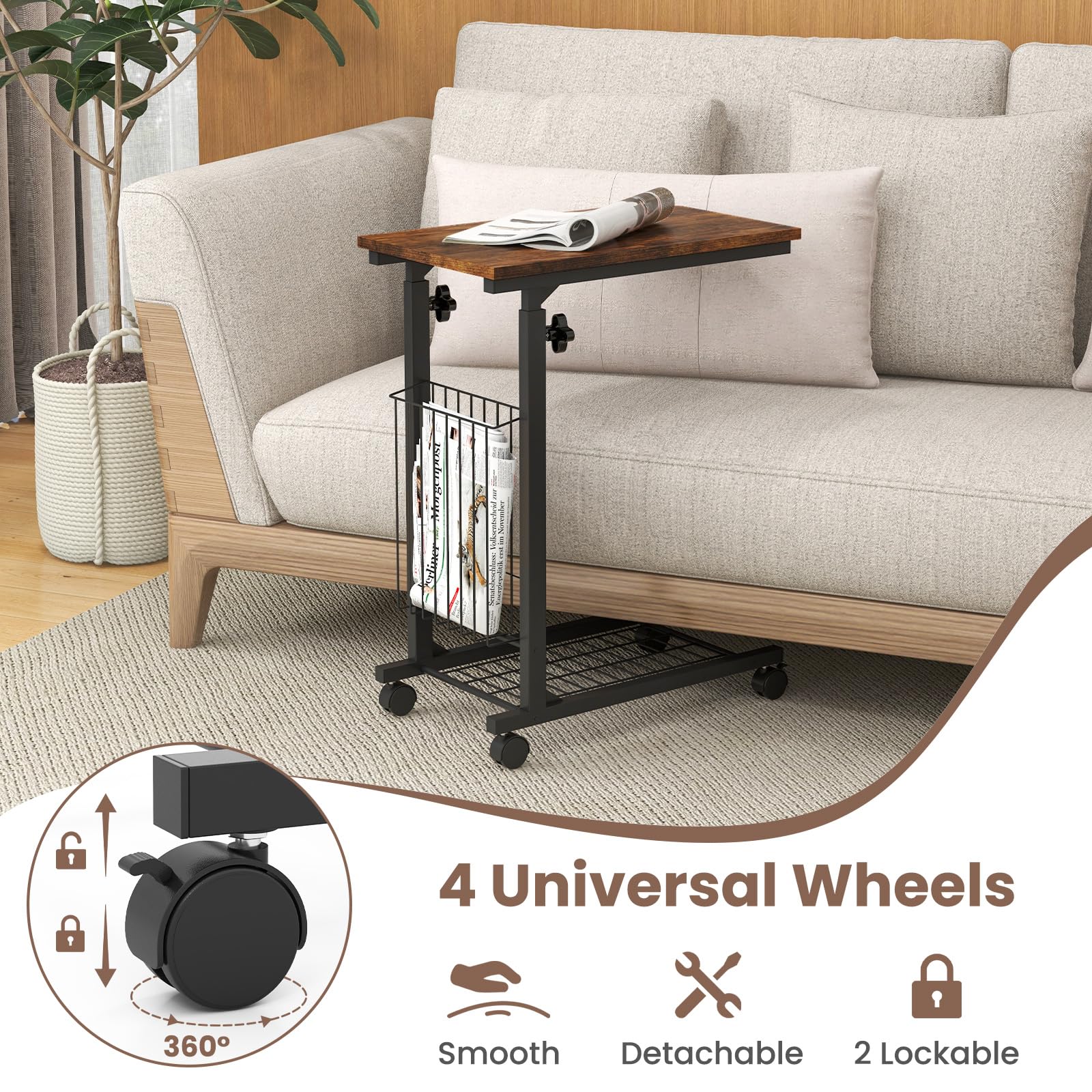 Tangkula Rolling Height Adjustable C Table, Mobile End Table with Detachable Wheels, Side Basket and Bottom Mesh Storage, Space-Saving Slide Under Sofa Table for Living Room Bedroom