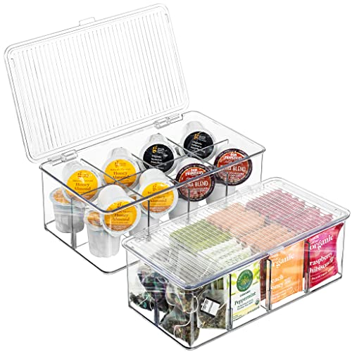 Sorbus 2 Pack Tea Bag Organizer Bins w/Lids & 4 Removable Dividers, Clear Plastic Food Packet Snack Organizer, Stackable Pantry Organization, Kitchen Storage, Fridge Bins, Sturdy Cabinet Organizers