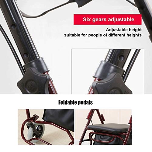Rollator Walker Wheelchair - 2 in 1 Rolling Walker Transport Chair for Seniors - Folding Walking Aid with Seat - Supports 100kg/220lbs(Colour: Red)