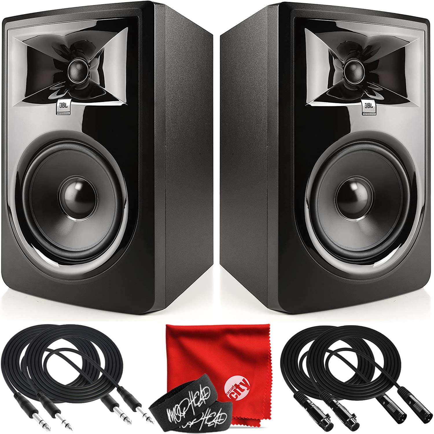 JBL Professional 306P MkII Next-Generation 6-Inch 2-Way Powered Studio Monitor Pair Bundle with 2X Mophead 10-Foot TRS Cable, 2X 10-Foot XLR Cable, 2X Cable Ties and Microfiber Cloth