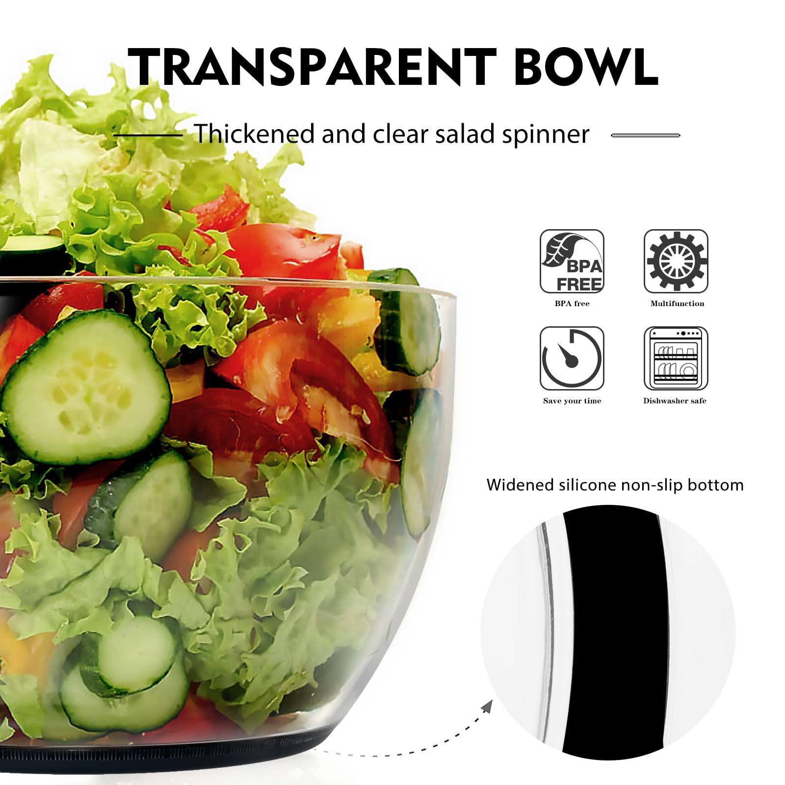 Ourokhome Salad Spinner Lettuce Dryer, One-handed Easy Press Large Vegetable Dryer Salad Mixer with Comfortable and Retractable Pusher and Brake Button for Greens, Herb, Berry, Fruits, 6.3 QT, Black