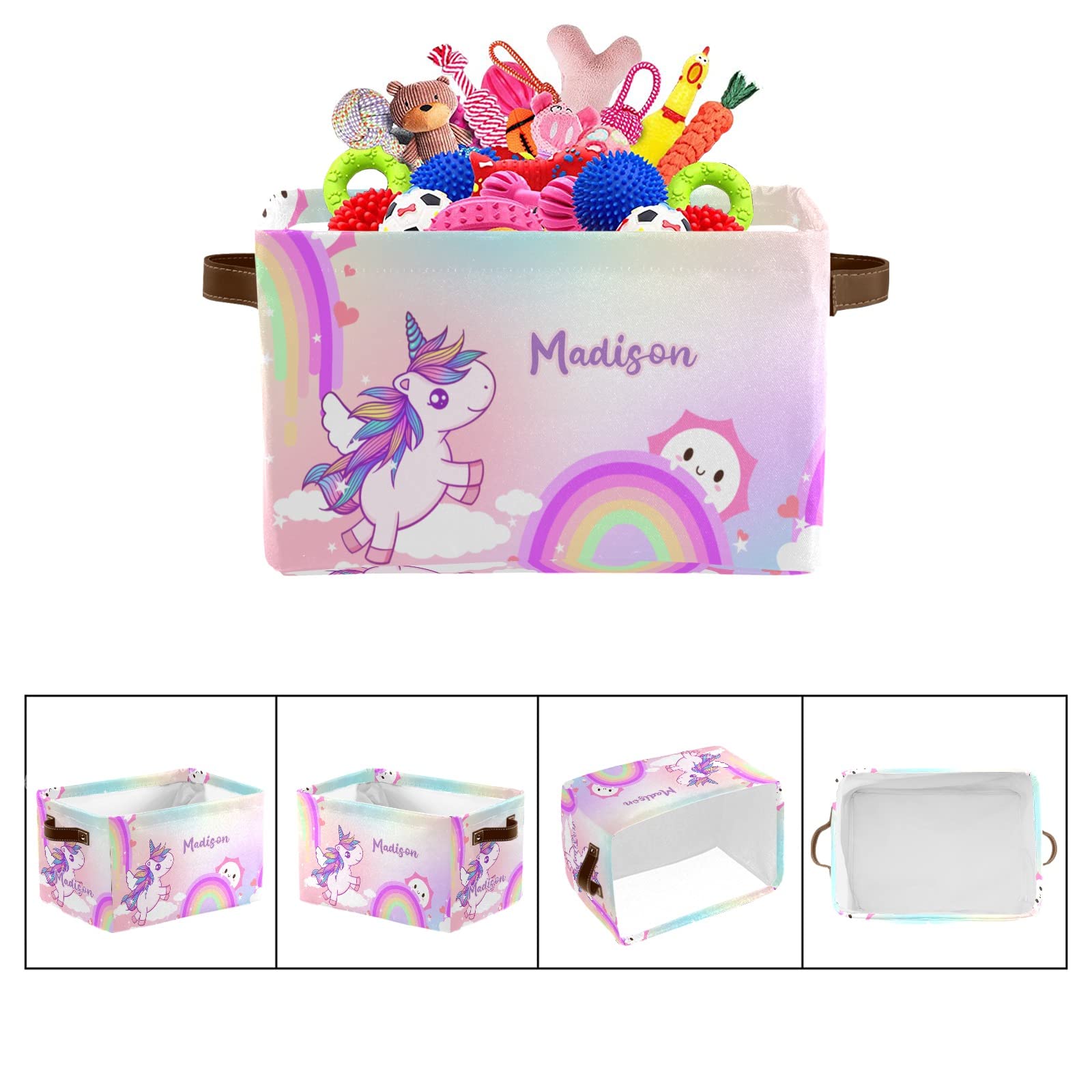 Rainbow Unicorn Personalized Storage Basket,Custom Storage Bins Cubes Organizer with Handle for Bedroom Wardrobe,Nursery,Basket 1 Pack