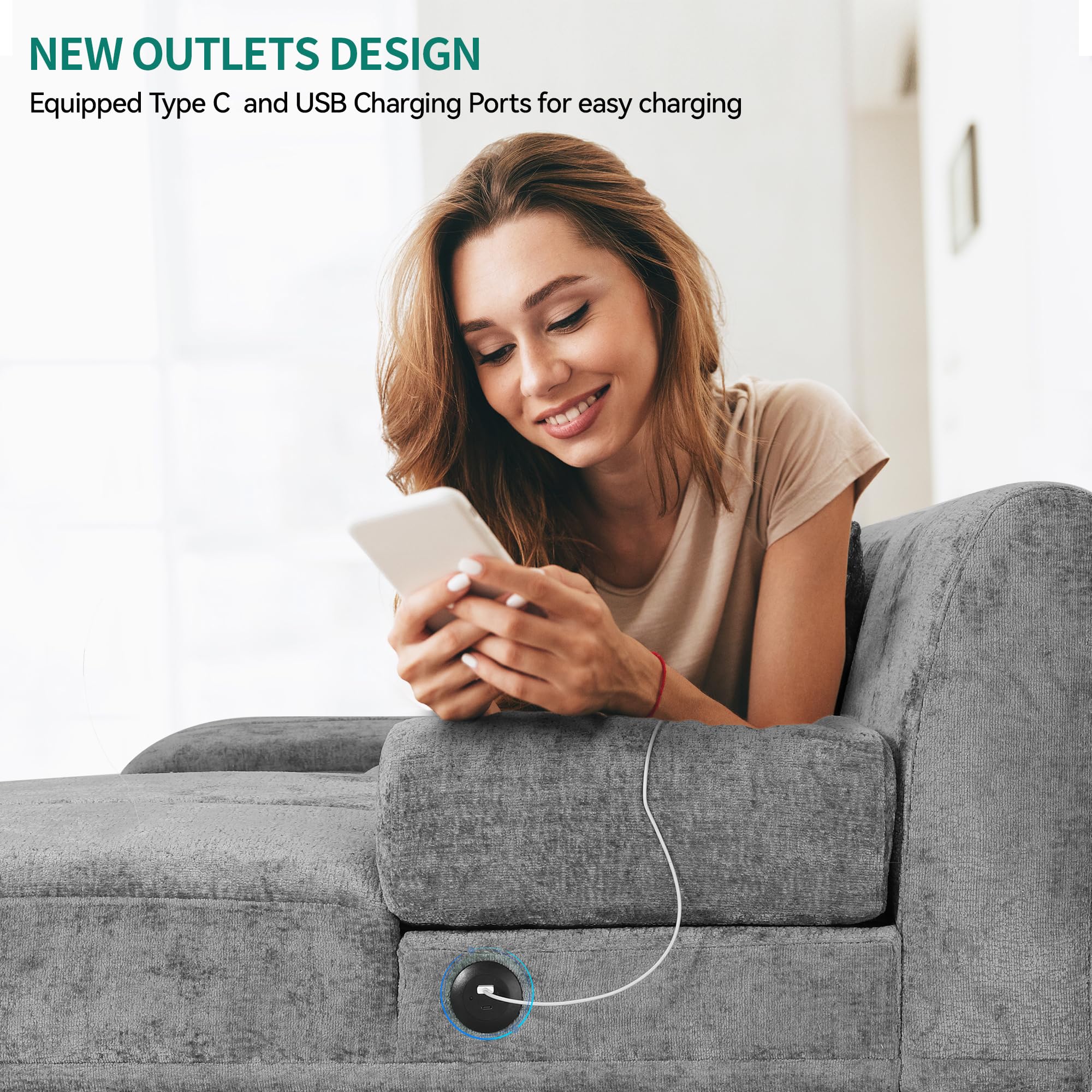 YITAHOME Sectional Couches for Living Room, U Shaped Sofa Chenille Modern Couch with USB & Type C Charging Ports Double Chaise and Comfy Upholstered Sofa, Grey