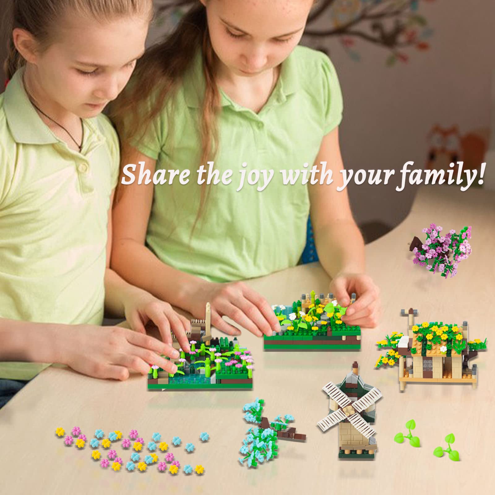 OundarM 2 Sets of Street View Mini Blocks Kit- Cherry Blossom Windmill Bonsai & Cabin Tree Building Blocks Set, Botanical Collection Building Set for Adults, 12+ Teens (1200 Pcs)