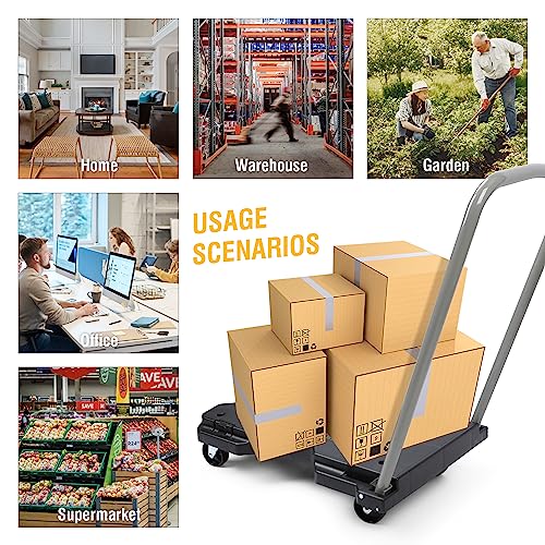 Olympia Tools Fully Folded Resin Push Cart Dolly - 330 Lb. Loading Capacity Foldable Moving Platform Cart Hand Truck - Black Collapsible Heavy Duty Folding & Rolling Flatbed Cart with 4 Swivel Wheels