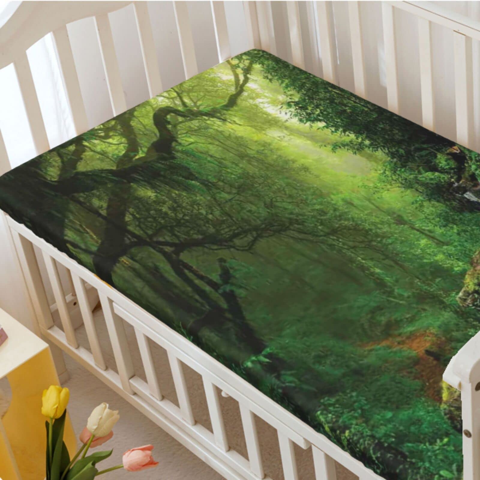 Rainforest Themed Fitted Mini Crib Sheets,Portable Mini Crib Sheets Ultra Soft Material-Baby Sheet for Boys Girls,24β x38β,Green Brown