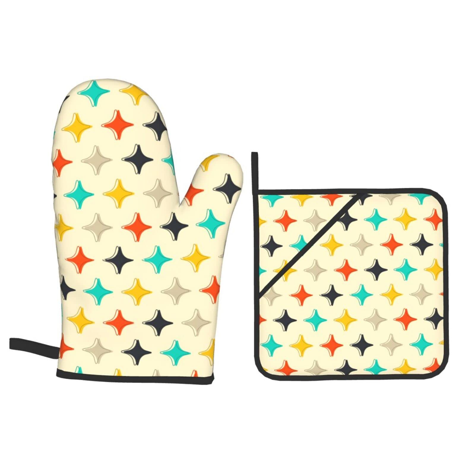 Modern Atomic Stars Retro Colors Oven Mitts and Pot Holders 4pcs Sets,Funny Kitchen High Heat Resistant Oven Mitts,with Oven Gloves and Hot Pads Pot Holders for Baking Cooking BBQ Grilling