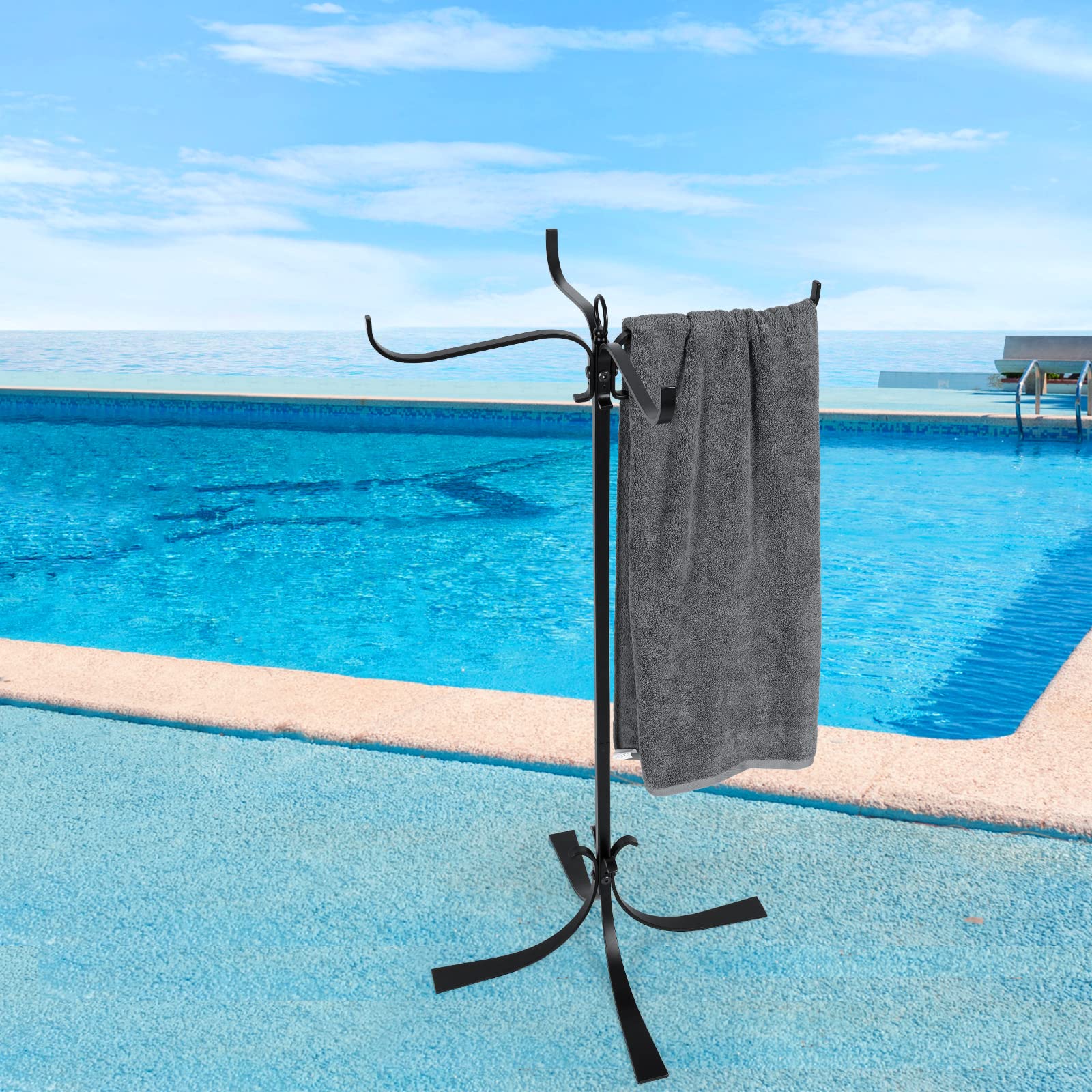 Sinyzope Pool Outdoor Towel Rack, Metal Heavy Duty Never Tilt Pool Accessories, 4 Bars Hot Tub Accessories Towel Dying Rack, Towel Stand Standing Towel Rack Elegant Design for Pool, Spa(3.6FT high)