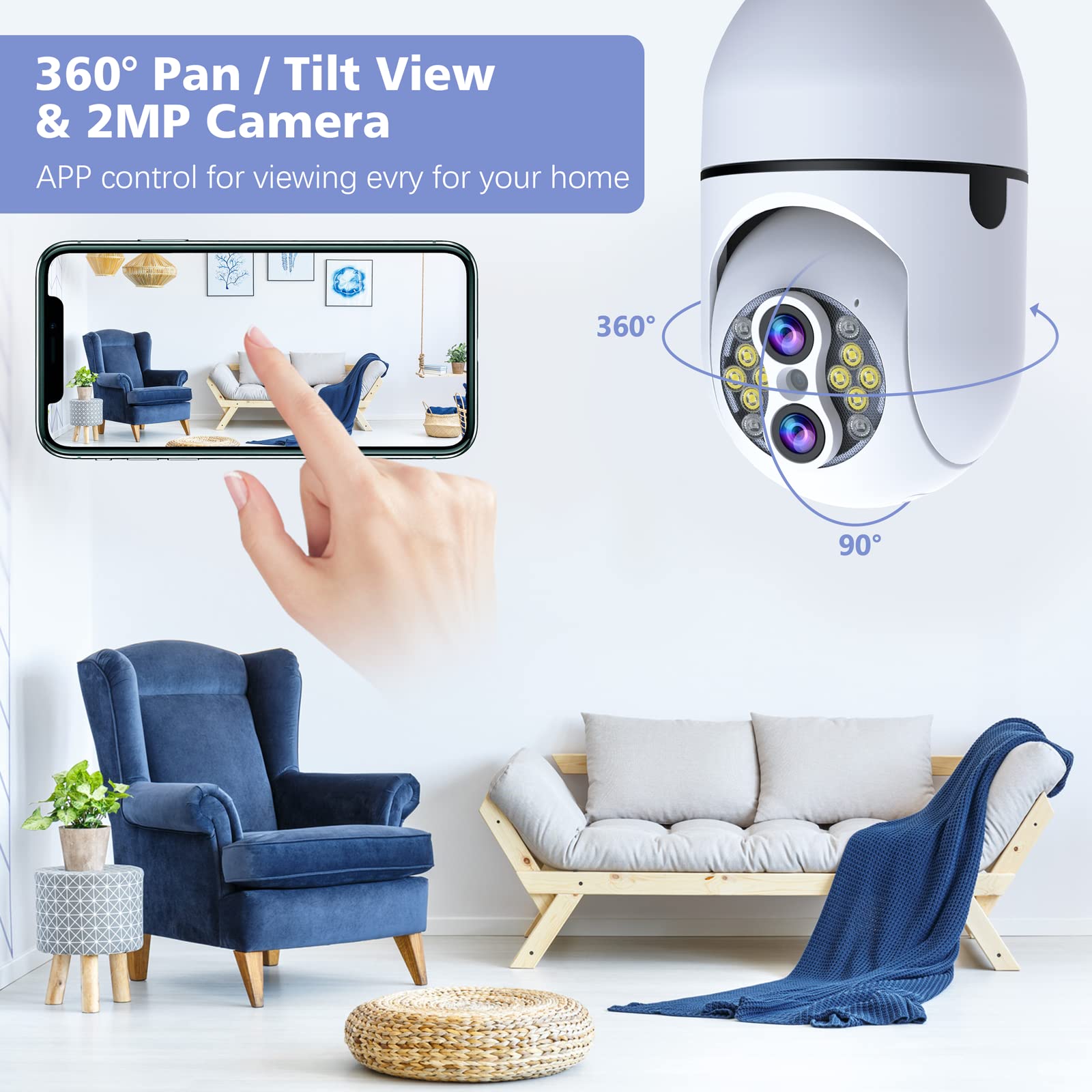 Upgrade 10X Hybrid Zoom 2MP Wireless Light Socket Security Camera, 2.4GHz WiFi Light Bulb Security Camera, Motion Detection, Color Night Vision, Sound & Light Alarm, Auto Tracking