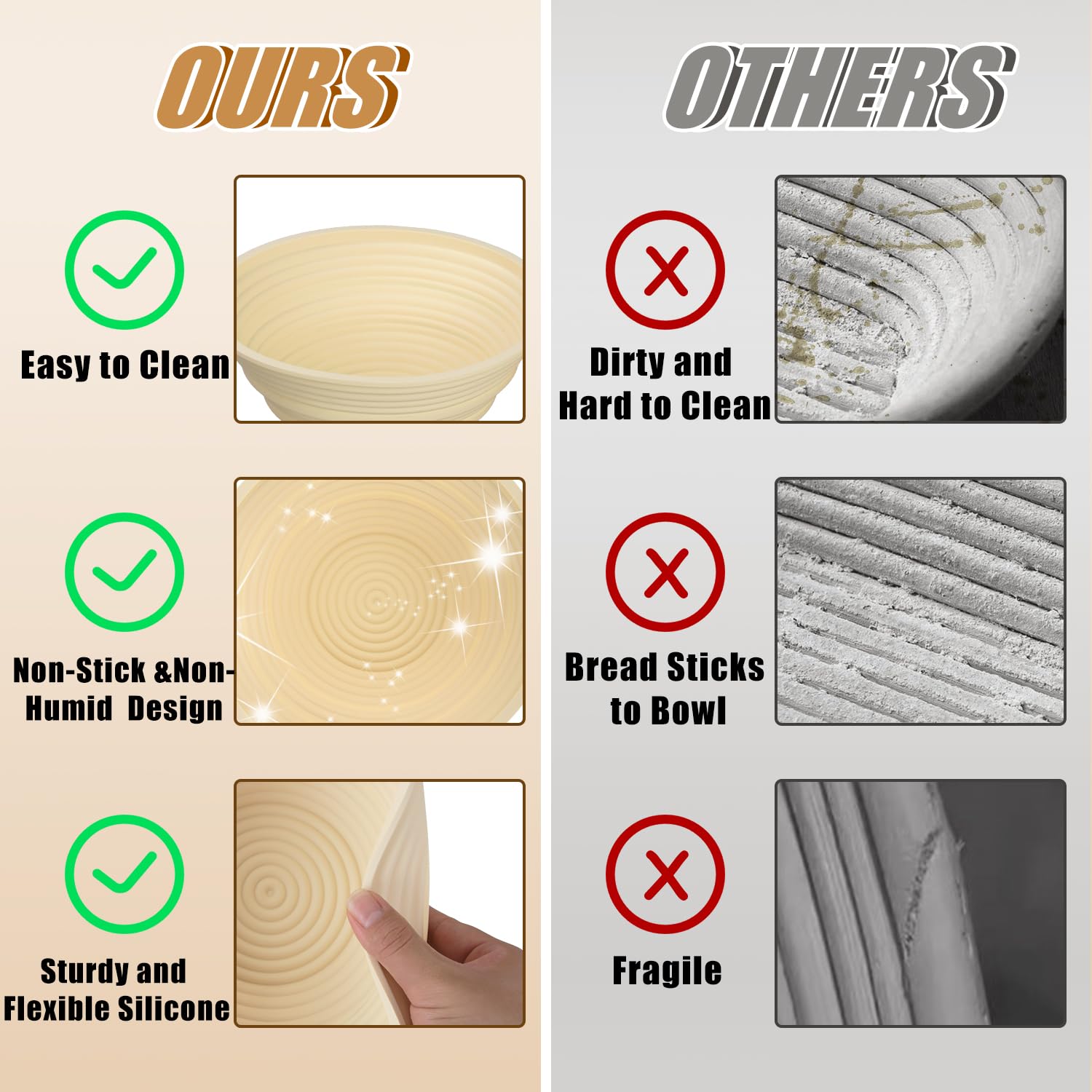 Silicone Banneton Bread Proofing Basket Set Of 2 -Sourdough Bread Baking Supplies, 9 Inch Round & 10 Inch Oval Foldable Bread Bowls, bread basket For Proofing Baskets With Essential Tools - Beige