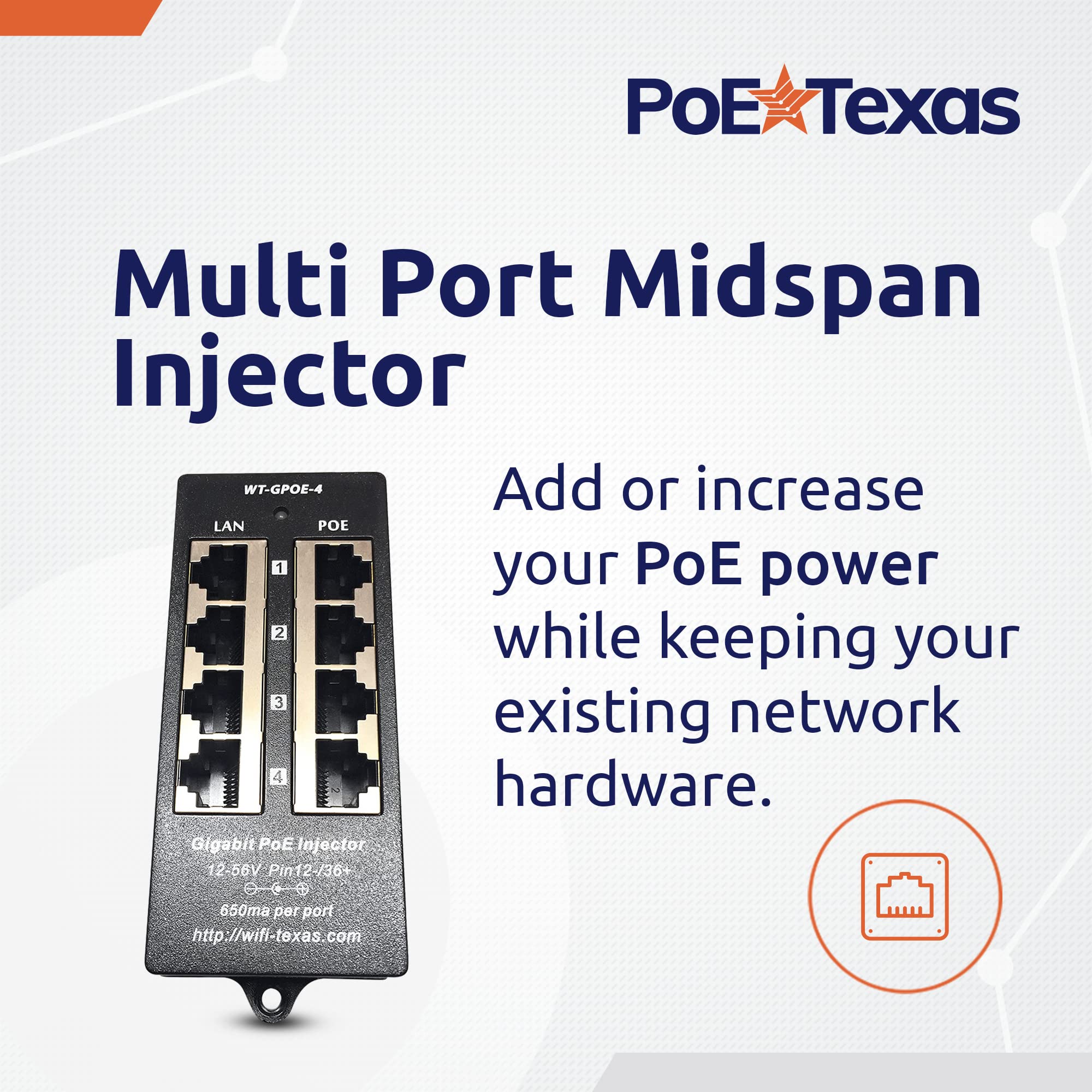 PoE Texas 4 Port PoE Injector - Gigabit Passive Power Over Ethernet and PoE Texas 48v Power Supply - 48 Volt 60 Watt AC to DC Power Supply