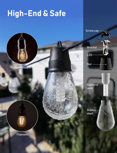 Outdoor String Lights with Dimmer - 100Ft Led Patio Lights App Control Commercial Grade Waterproof Outside Light with Timer 3 Modes 50 S14 Edison Vintage Shatterproof Bulbs for Bistro Garden Backyard
