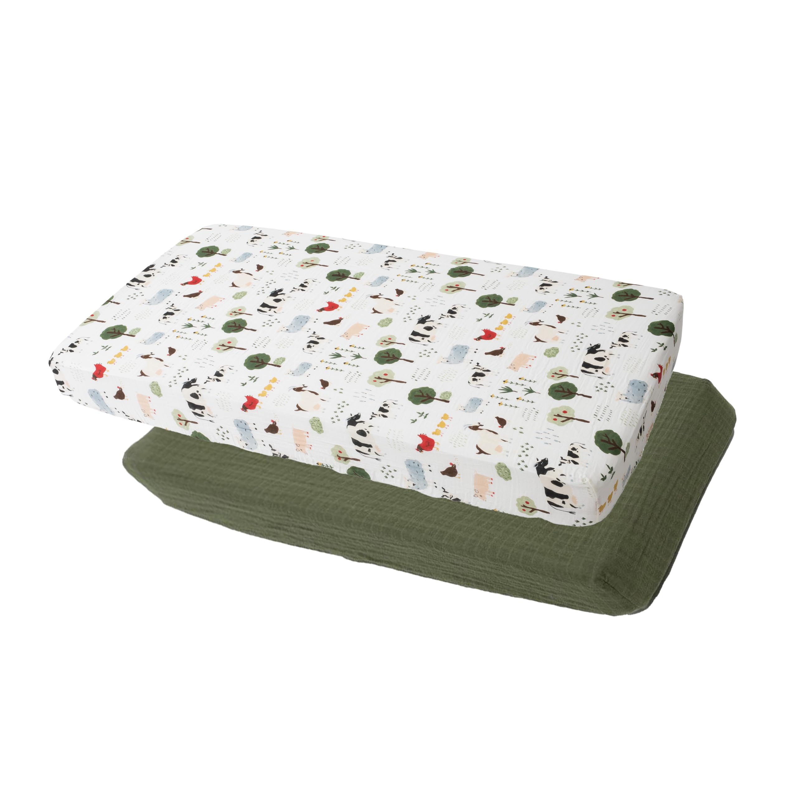 Red Rover Kids All-Cotton Muslin Fitted Crib Sheet- 52”x 28”x 9”- 100% Cotton – Machine Washable – Lightweight & Breathable – Playful Designs – Nursery, Crib, Bed – 2 Pack Family Farm