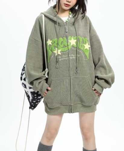 Sumleno Y2K Zip Up Hoodie Letter Print Star Graphic Grunge Hooded Corduroy Sweatshirt Jacket Oversized Retro Y2k Clothing (Green,M)