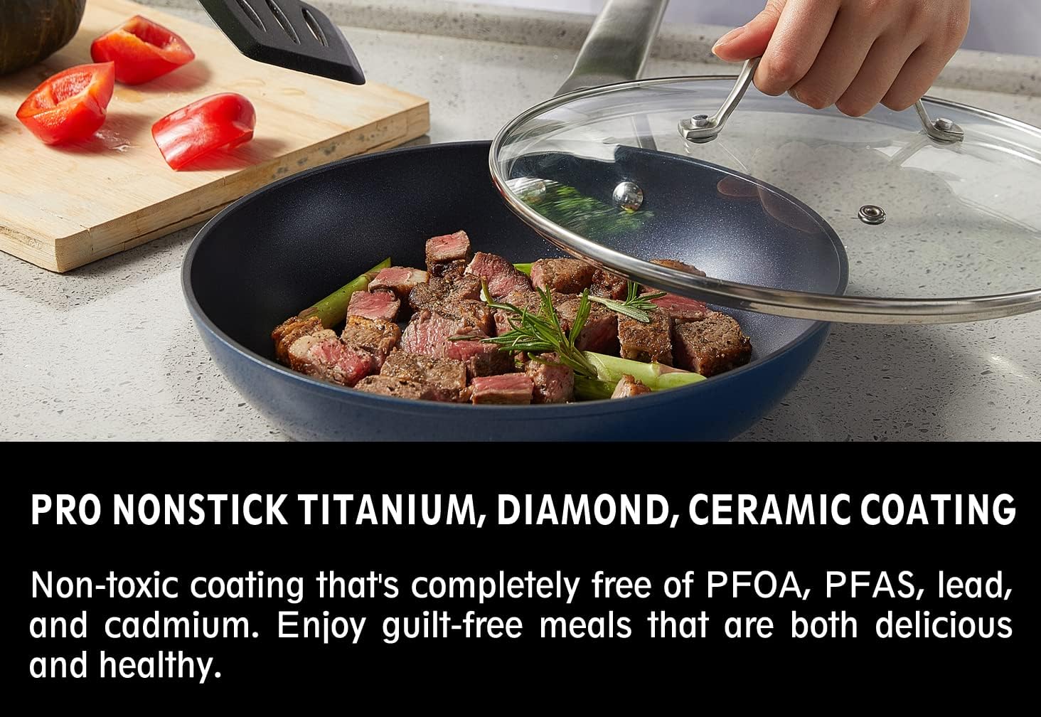 MsMk Non stick frying pan set with lid Blue, 12-inch Durable skillet, Titanium and Diamond Non Stick Non-Toxic Coating From USA, Even Heating, Easy Clean-Up, Comfort Handle, Induction Compatibility