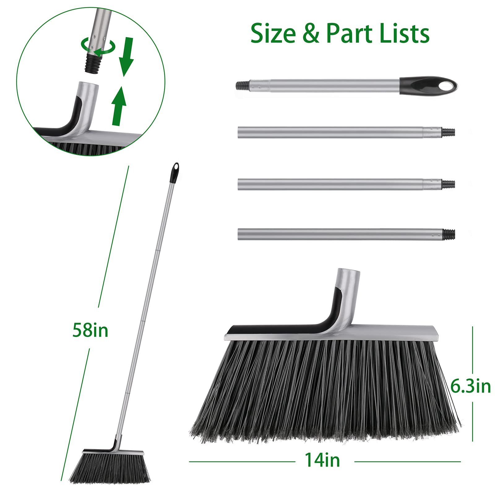 Outdoor/Indoor Broom for Floor Cleaning with 58 inch Long Handle, Angle Brooms Heavy Duty for Home Garage Kitchen Office Courtyard Lobby Lawn Concrete